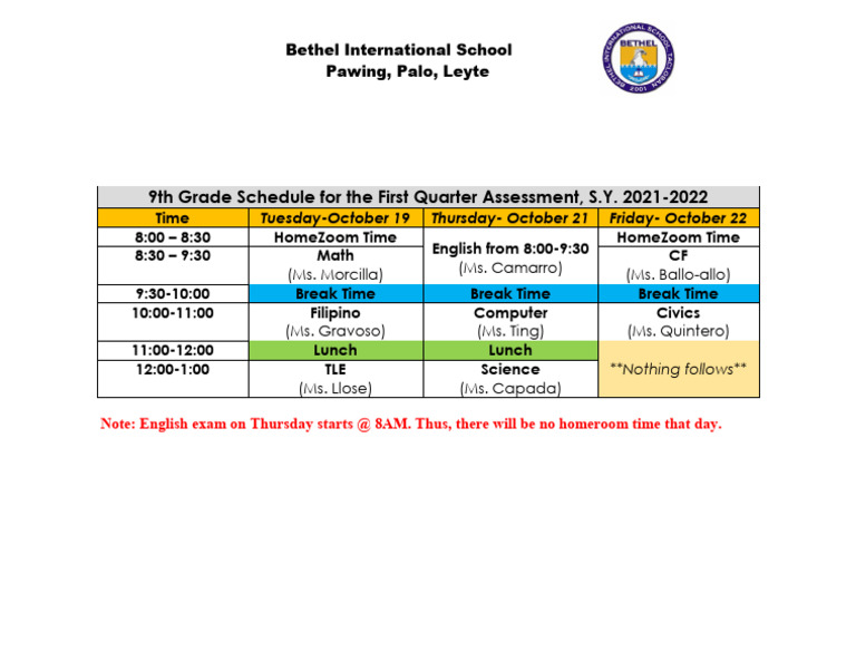 9th Grade Schedule For The First Quarter Assessment | PDF