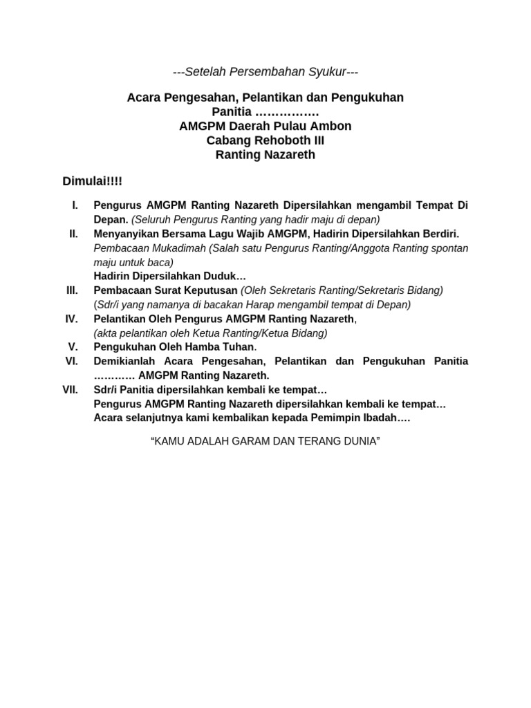 Draft Acara Pelantikan Panitia Ranting | PDF