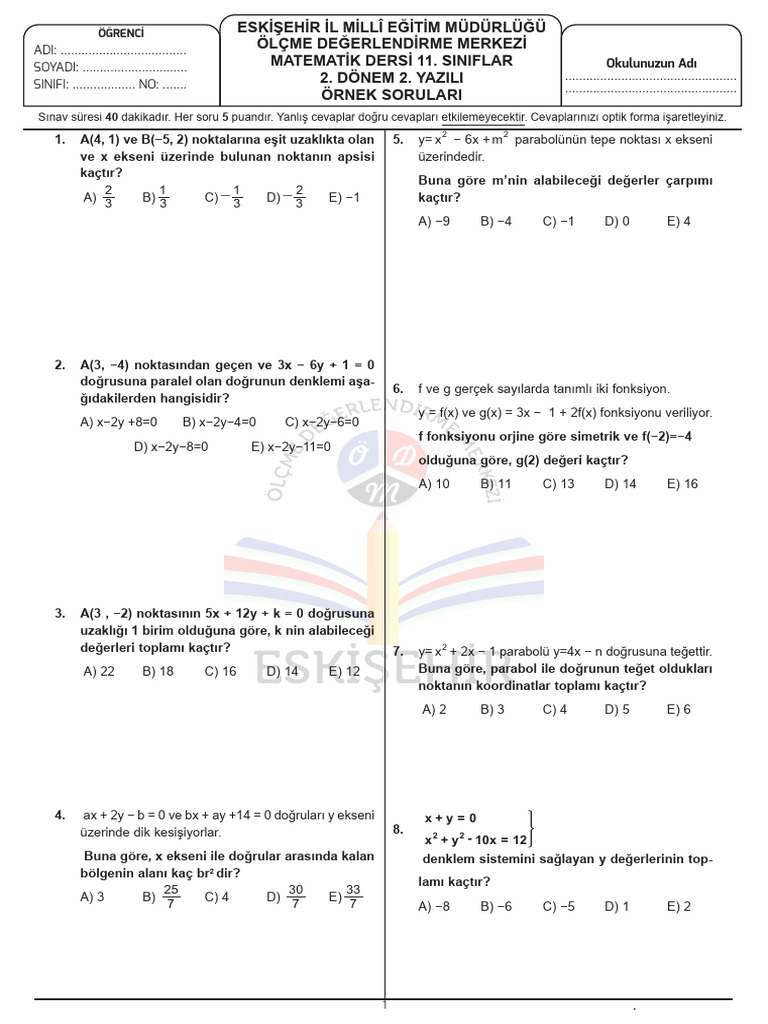 Sinif Matematik 2. Donem 2. Yazili Sorulari Ve Cevaplari 1 | PDF