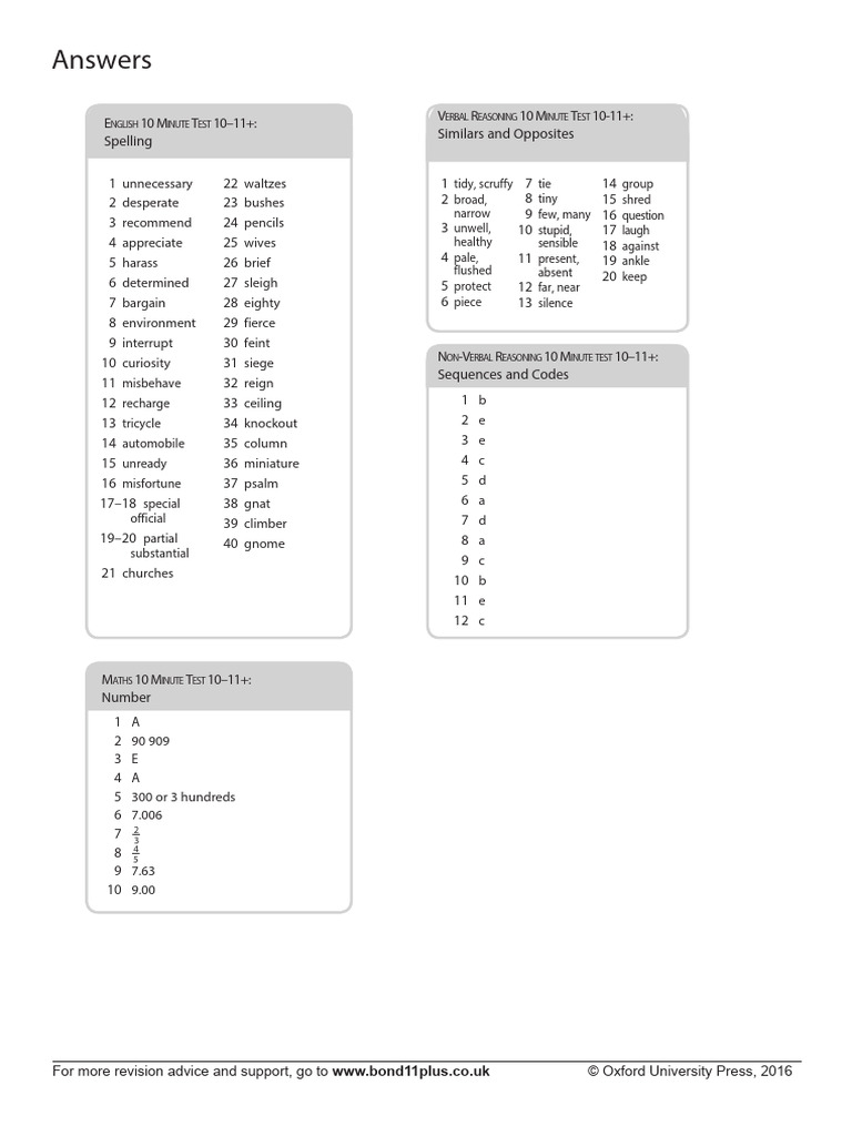 Bond 11 Plus 10 Minute Test Sample Answers | PDF | Standardized Tests ...
