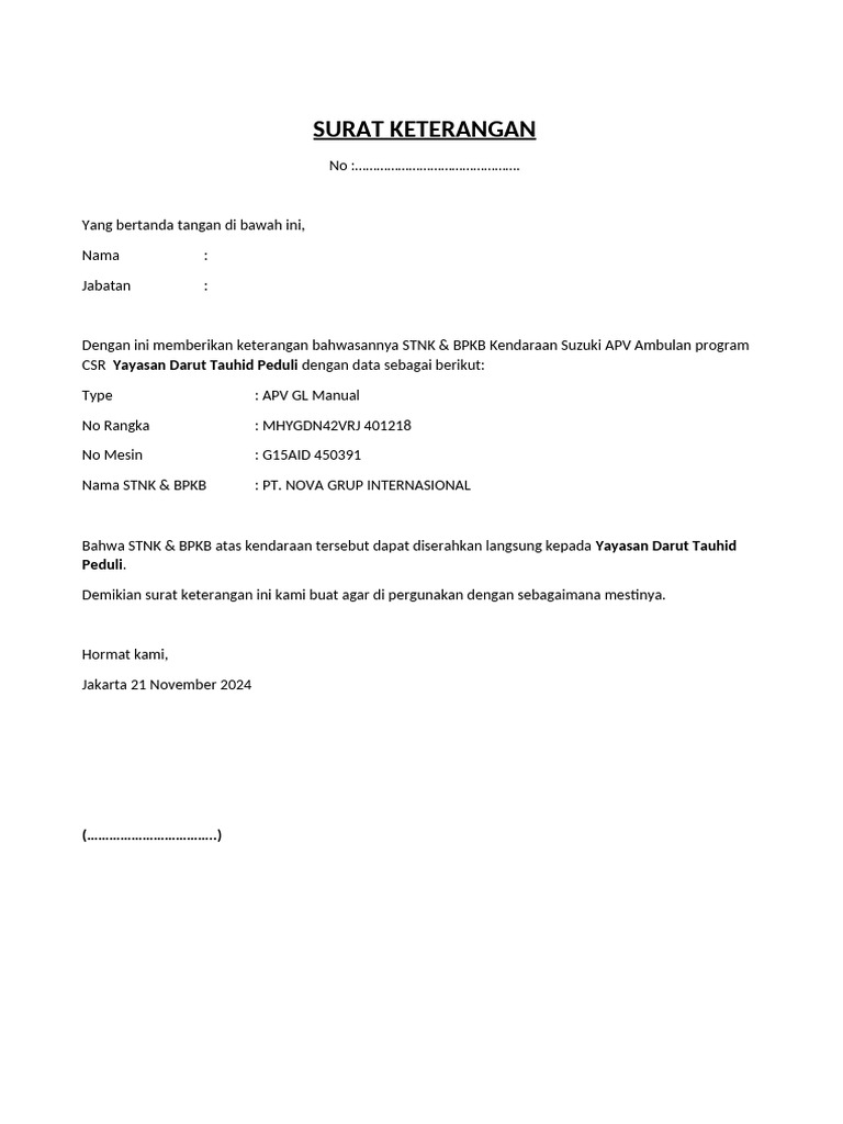 Contoh SURAT Keterangan STNK & BPKB DT 2024 | PDF