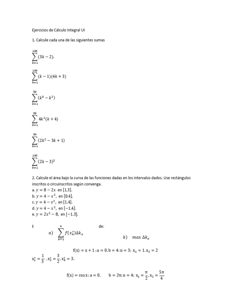 Ejercicios de Cálculo Integral UI | PDF