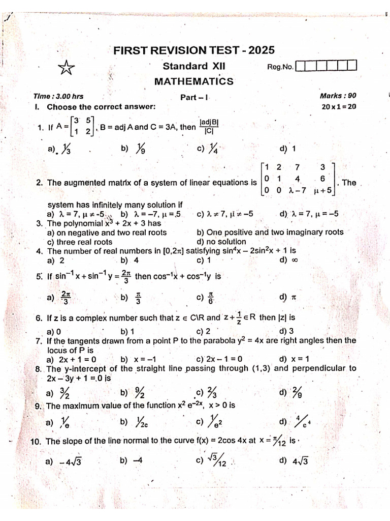 12th Maths 1st Revision Exam 2025 Original Question Paper Cuddalore District English Medium PDF ...