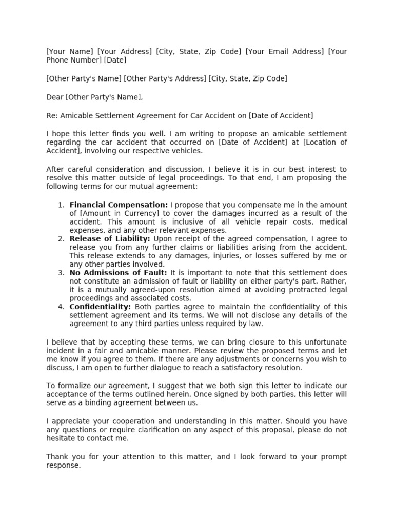 CAR ACCIDENT Letter of Settlement | PDF | Legal Liability | Traffic ...