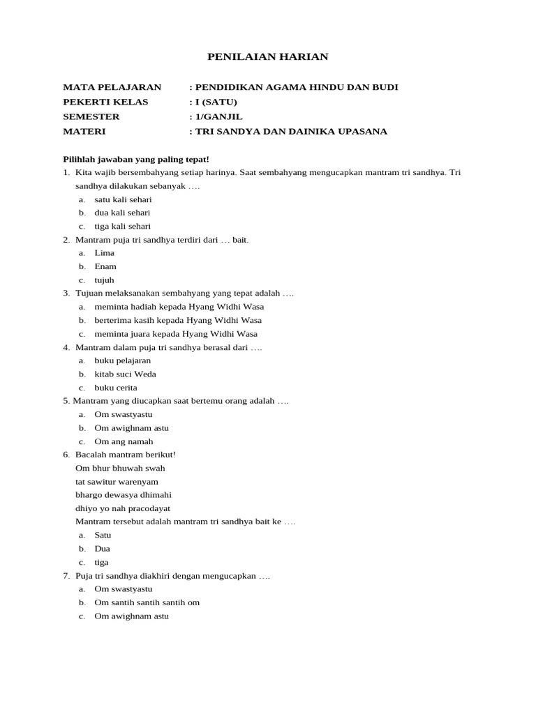 3 Soal PH Kelas 1 Tri Sandya D Upasana | PDF