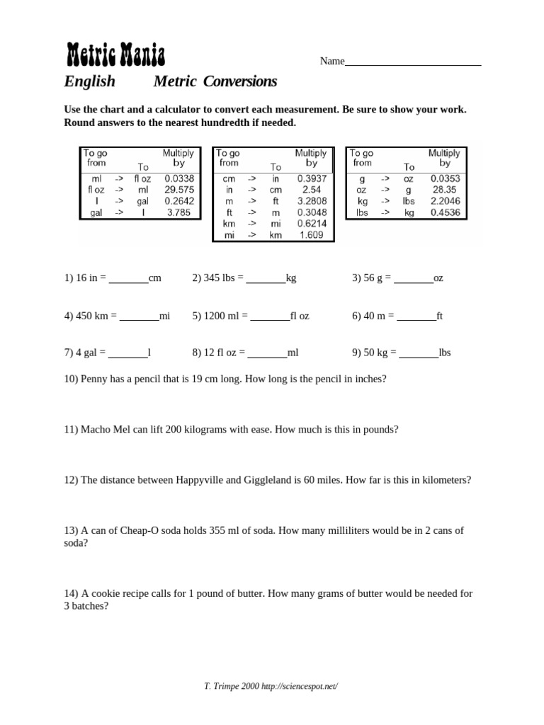 Metric Conversion Worksheet and Answers | PDF