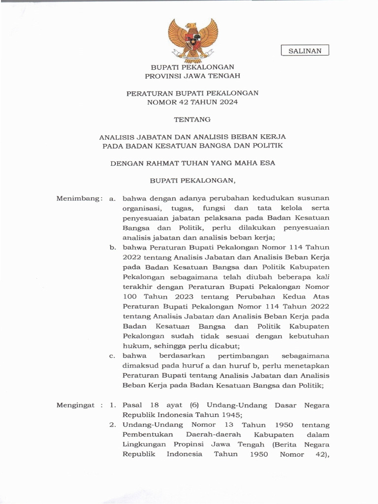 Perbup 42 2024 tentang anjab kesbangpol | PDF