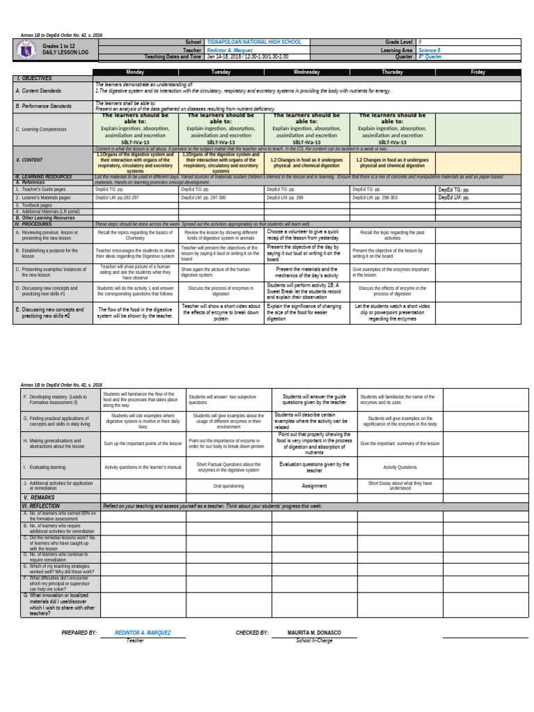 Grade 8 Science Daily Lesson Log | PDF | Teachers | Digestion