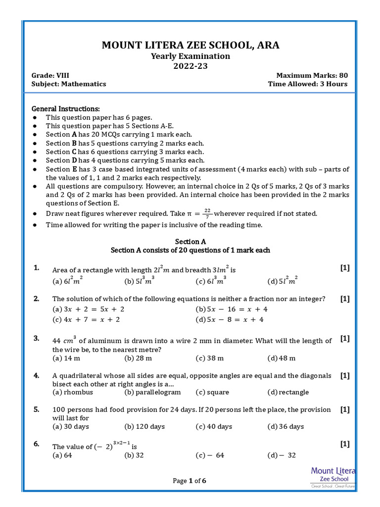 Grade 8 Mathematics Exam Paper 2022-23 | PDF