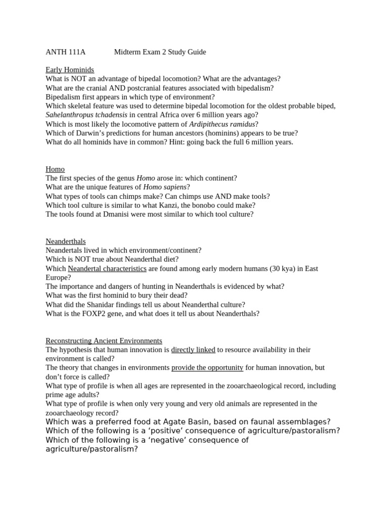 ANTH 111A Midterm Exam 2 Study Guide | PDF | Bipedalism | Homo
