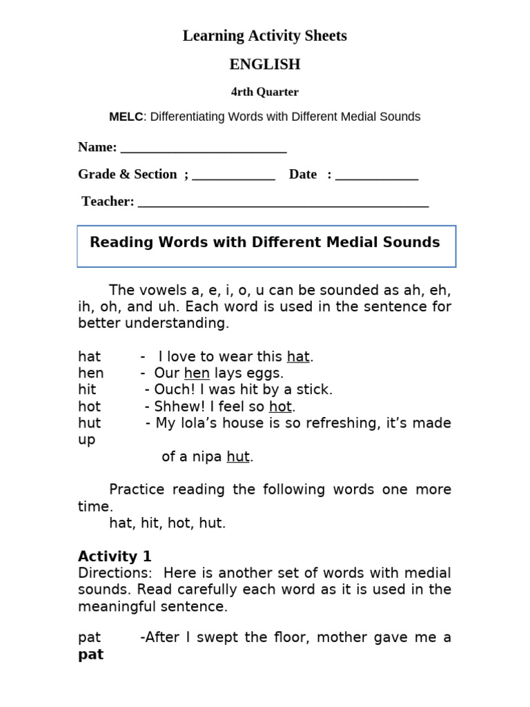 Sample-Learning-Activity-Sheets-Iin-ENGLISH-Reflection | PDF | Phonics ...