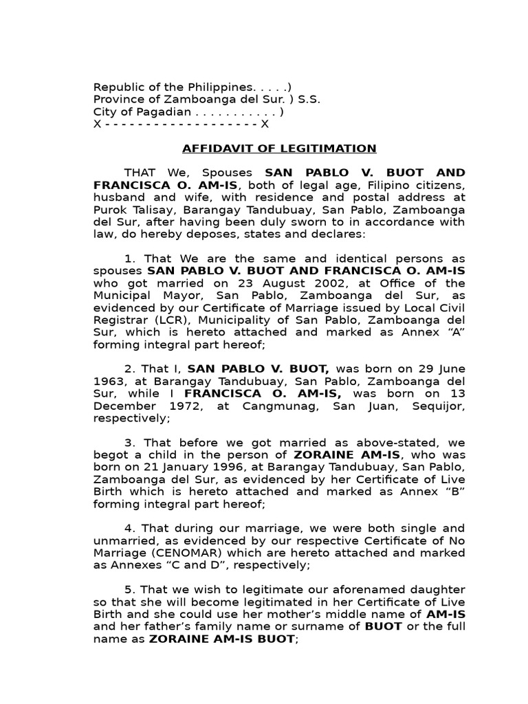 AFFIDAVIT OF LEGITIMATION- format | PDF | Affidavit | Family