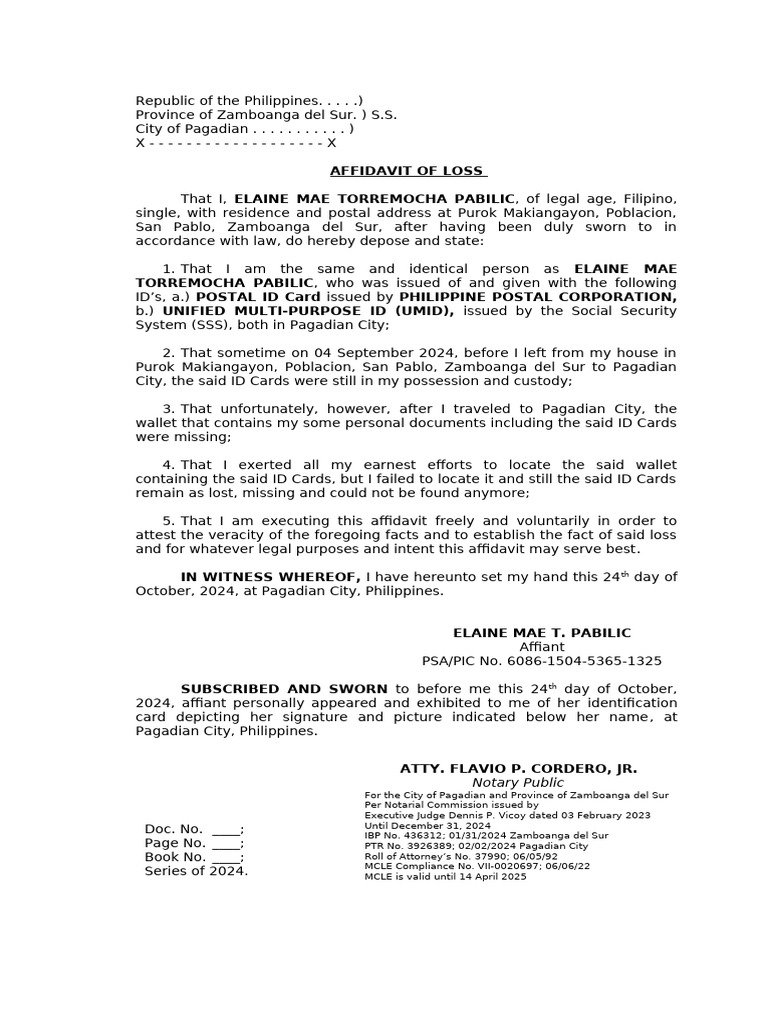 AFFIDAVIT OF LOSS - Format | PDF | Affidavit | Identity Document