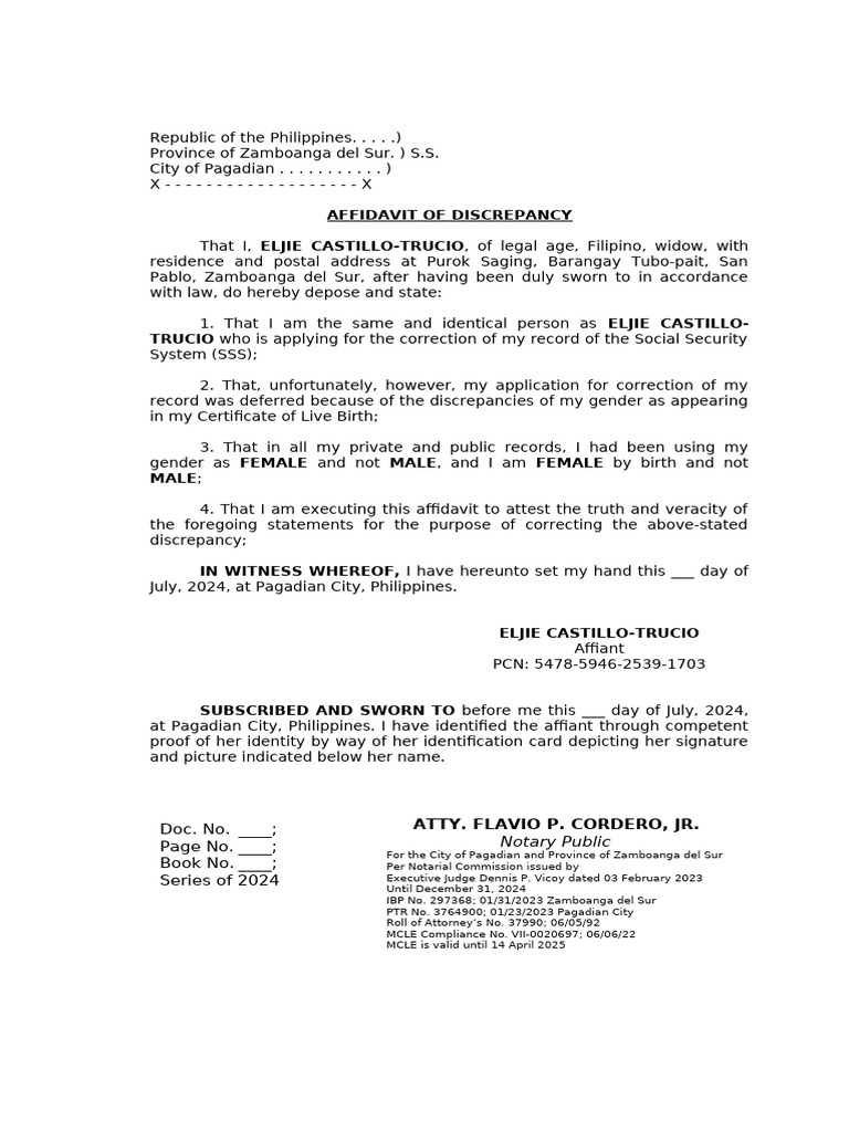 Affidavit of Gender Discrepancy | PDF