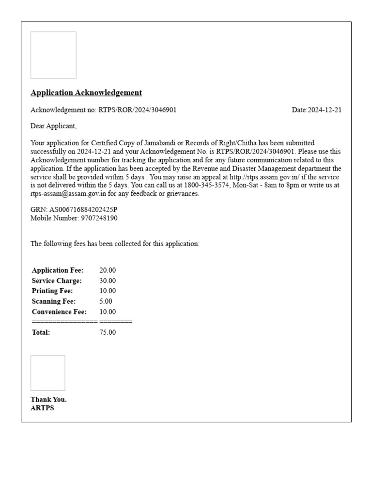 Application Acknowledgement for Jamabandi | PDF