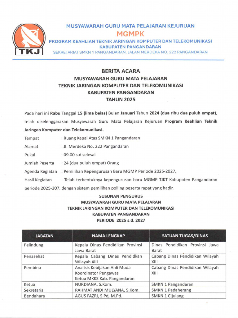 Berita Acara Rapat MGMP TJKT Kab Pangandaran | PDF