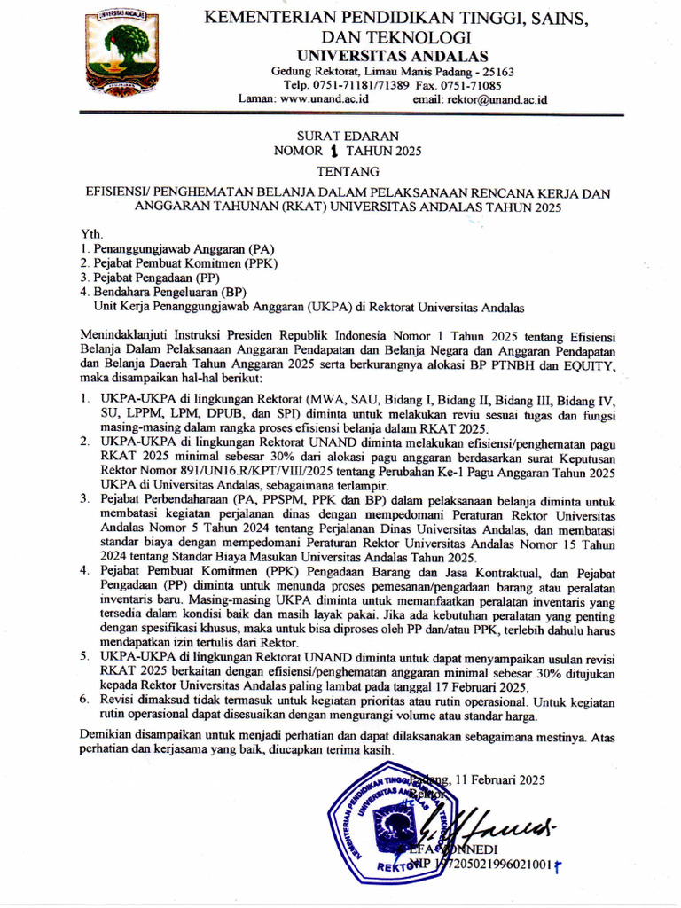 Surat Edaran UNAND Nomor 1 Tahun 2025 Tentang Efisiensi - Penghematan Dalam Pelaksanaan Rencana ...