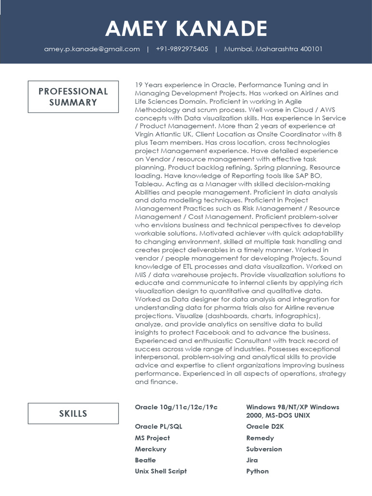 Amey Kanade: Oracle Consultant Profile | PDF | Data | Oracle Corporation