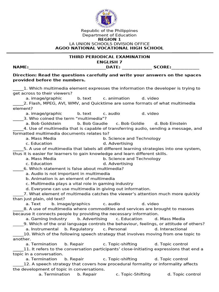 GRADE 7 THIRD PERIODICAL EXAM - Final | PDF | Multimedia | Nonverbal ...