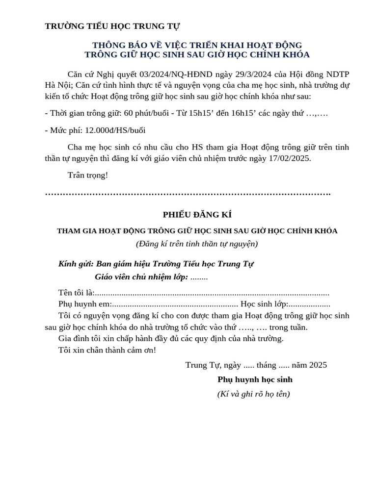 TH Trung Tự-Thông báo + phiếu đăng kí trông giữ NGCK | PDF