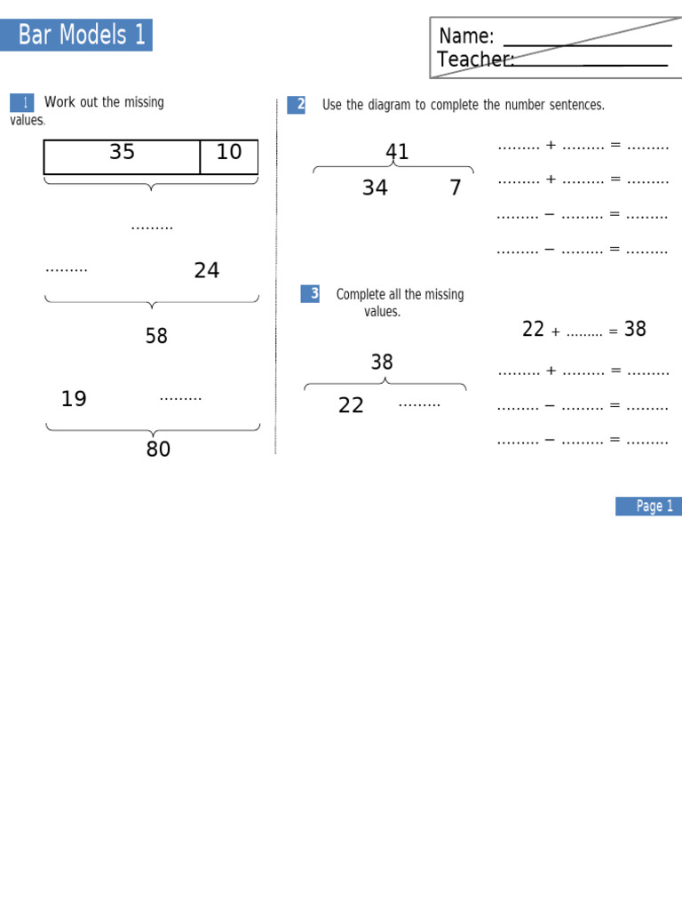 Worksheet-1 - Bar-Model-Part-Whole-Questions - Non-Wordy | PDF
