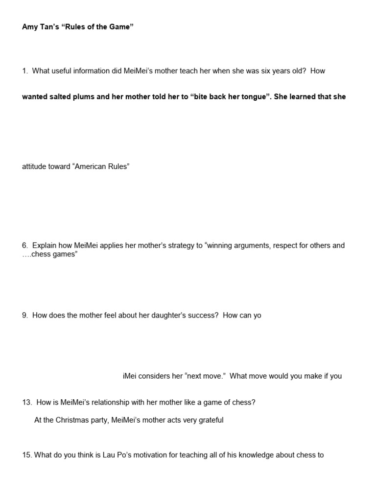 Rules of The Game Comprehension Questions With Suggested Answer | PDF