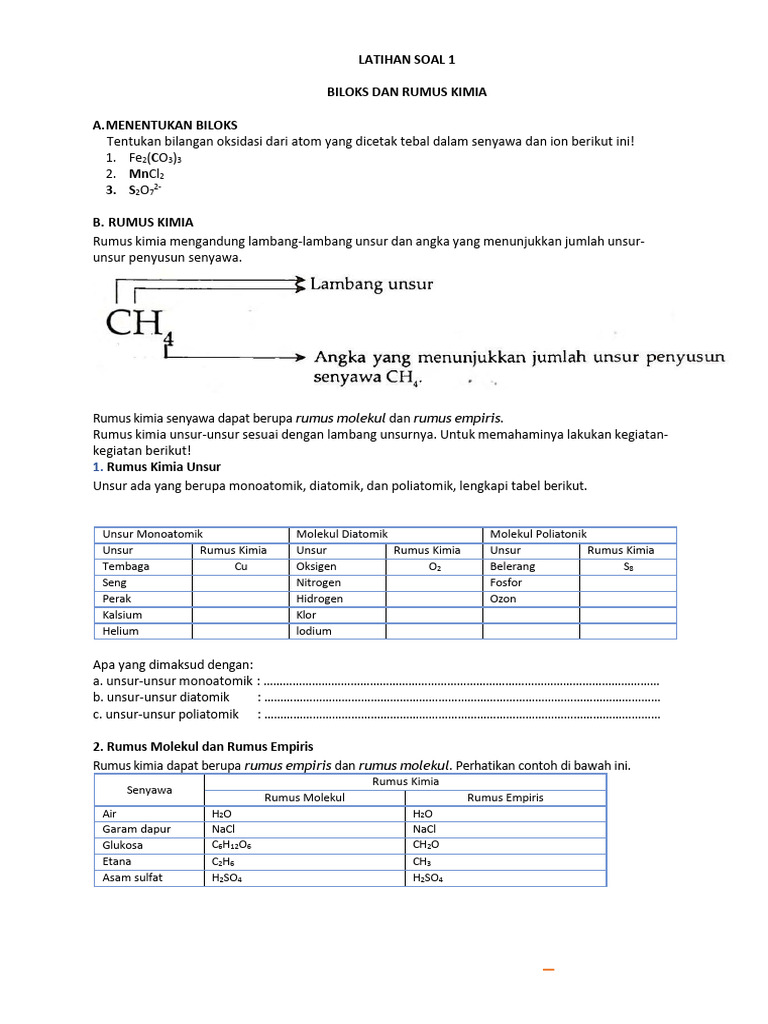 LATIHAN SOAL 1 BILOKS DAN RUMUS KIMIA | PDF