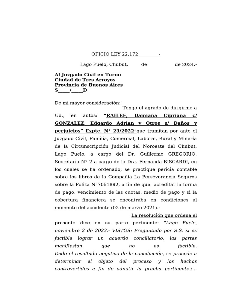 OFICIO LEY 22 172 Pericia Contable | PDF