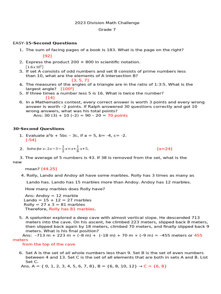 Grade 7 2023 Math Challenge Finals | PDF | Triangle | Mathematics