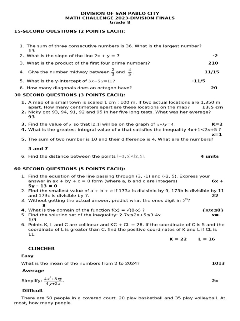 Grade 8 Math Challenge 2023 Exam | PDF | Mathematical Concepts ...