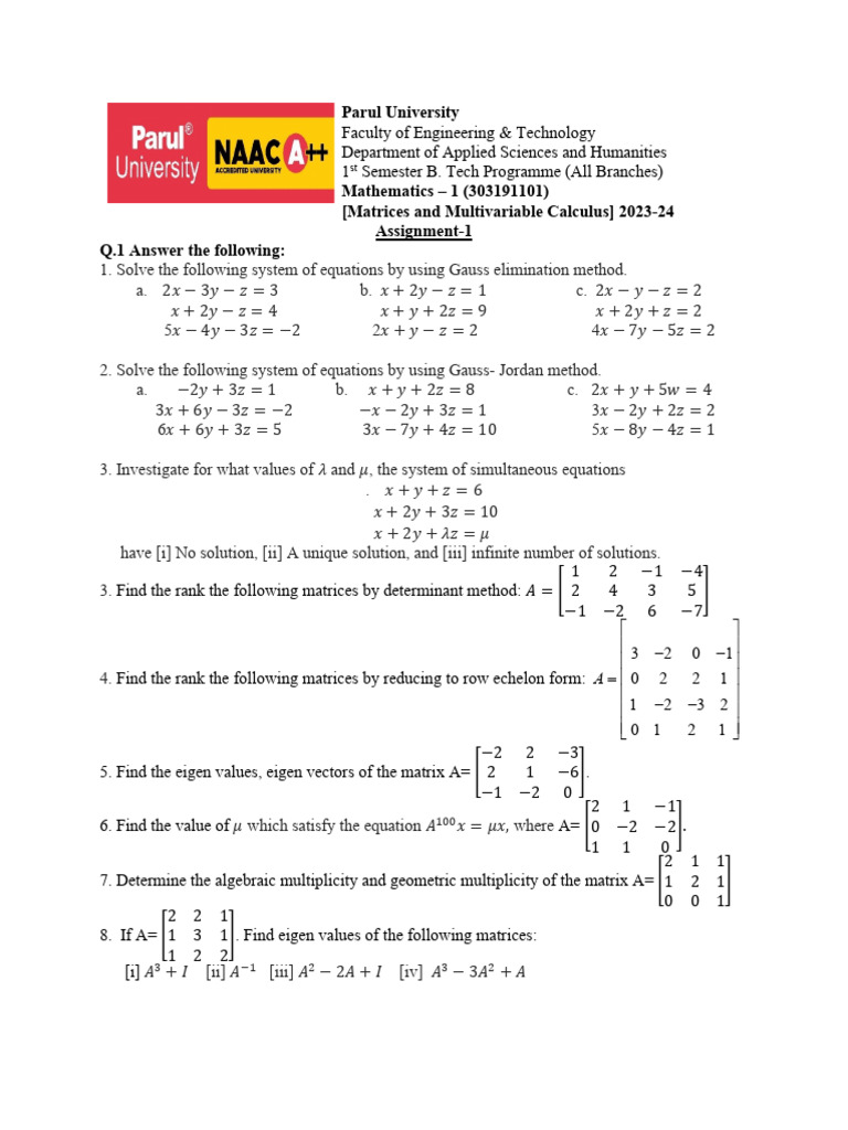 Assignment 1 - (Mathematics 1) - 2023 24 | PDF | Eigenvalues And Eigenvectors | Matrix (Mathematics)