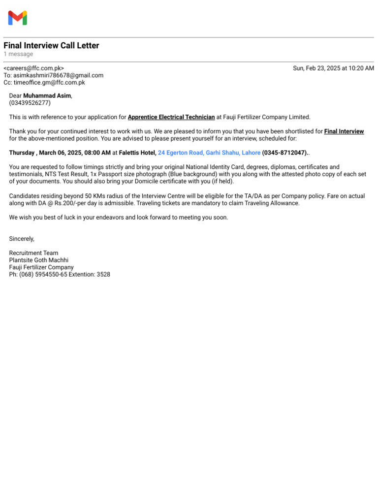 Gmail - Final Interview Call Letter | PDF