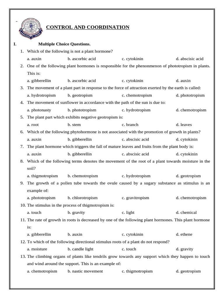 Control and Coordination Quiz Questions | PDF | Endocrine System ...