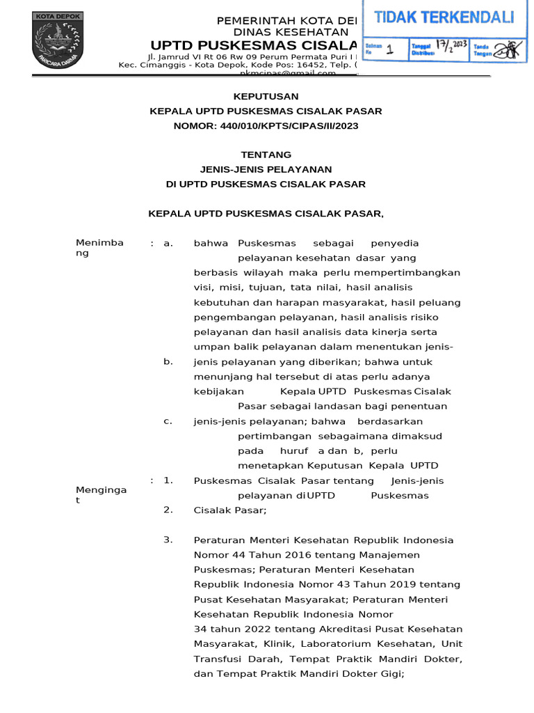 Jenis Pelayanan di Puskesmas Cisalak | PDF
