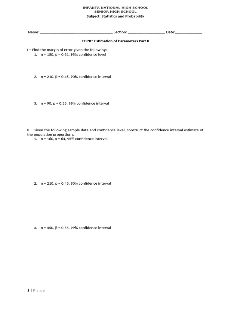 Worksheet Estimation of Parameters Part II | PDF