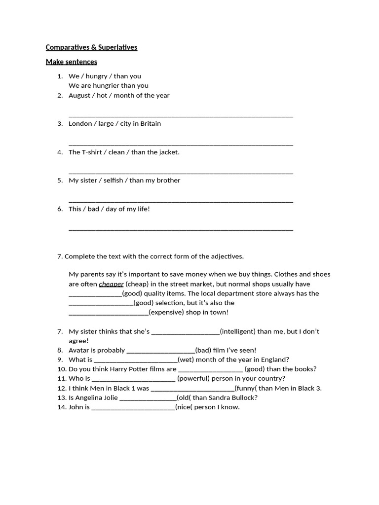 Comparatives & Superlatives Exercises | PDF