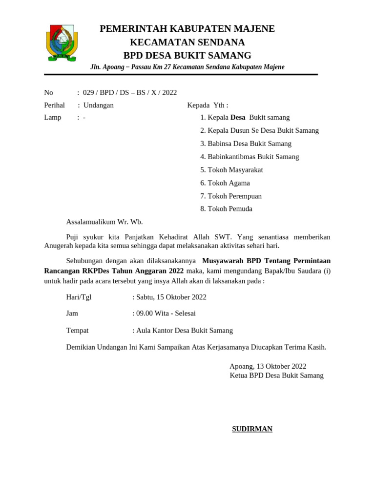 Undangan Musyawarah RKPDes 2022 | PDF