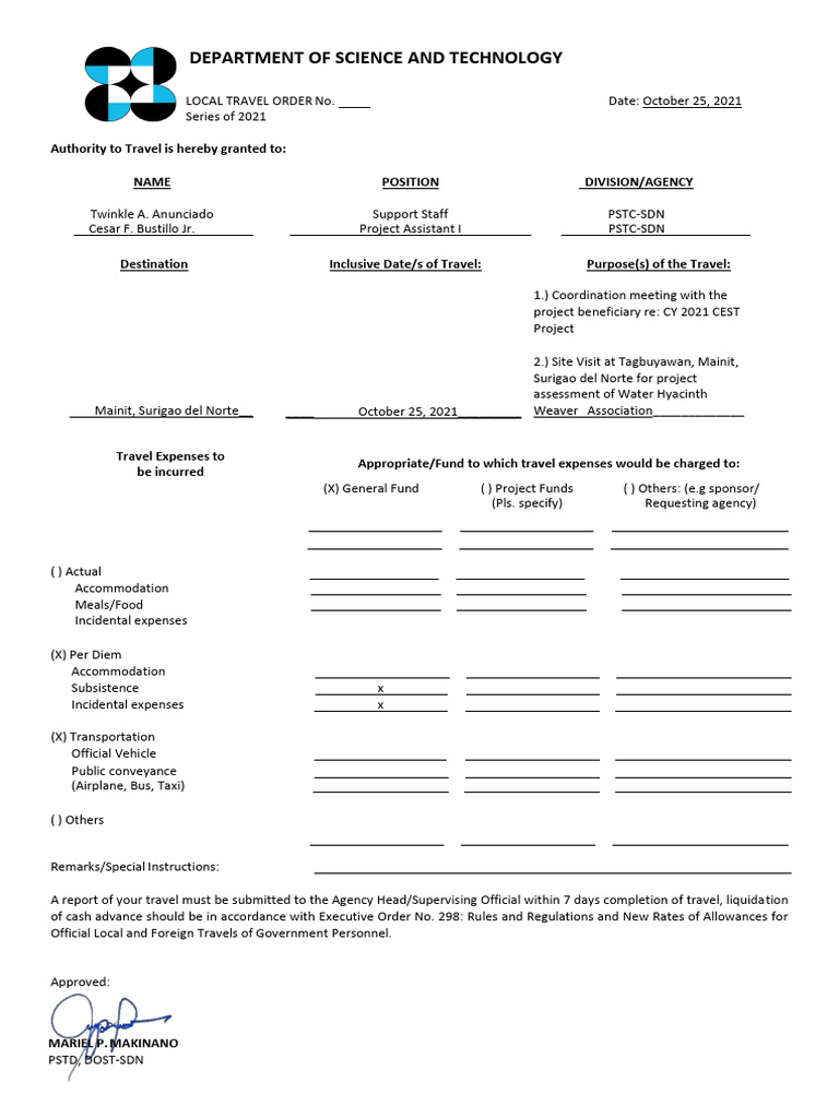 Local Travel Order for DOST Personnel | PDF | Transport