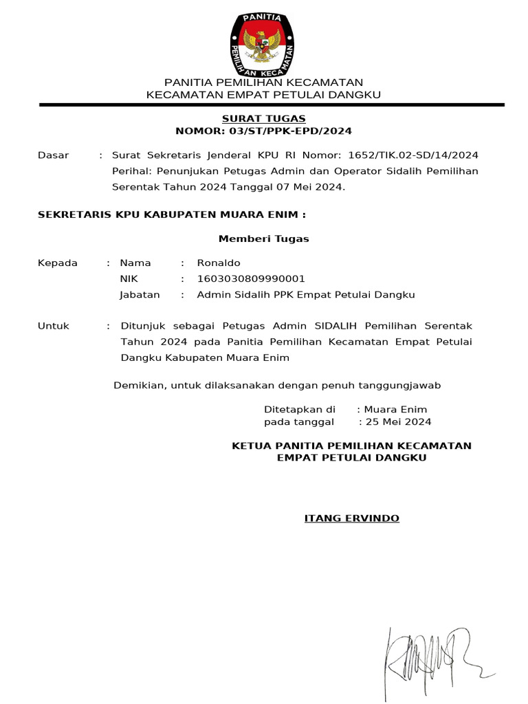 SURAT TUGAS ADMIN SIDALIH PPK 2024 MUARA ENim | PDF