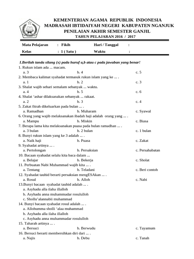 SOAL fiqih kls 1 sem 1 | PDF