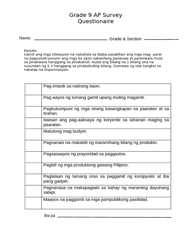 Grade 9 AP Survey Questionaires | PDF