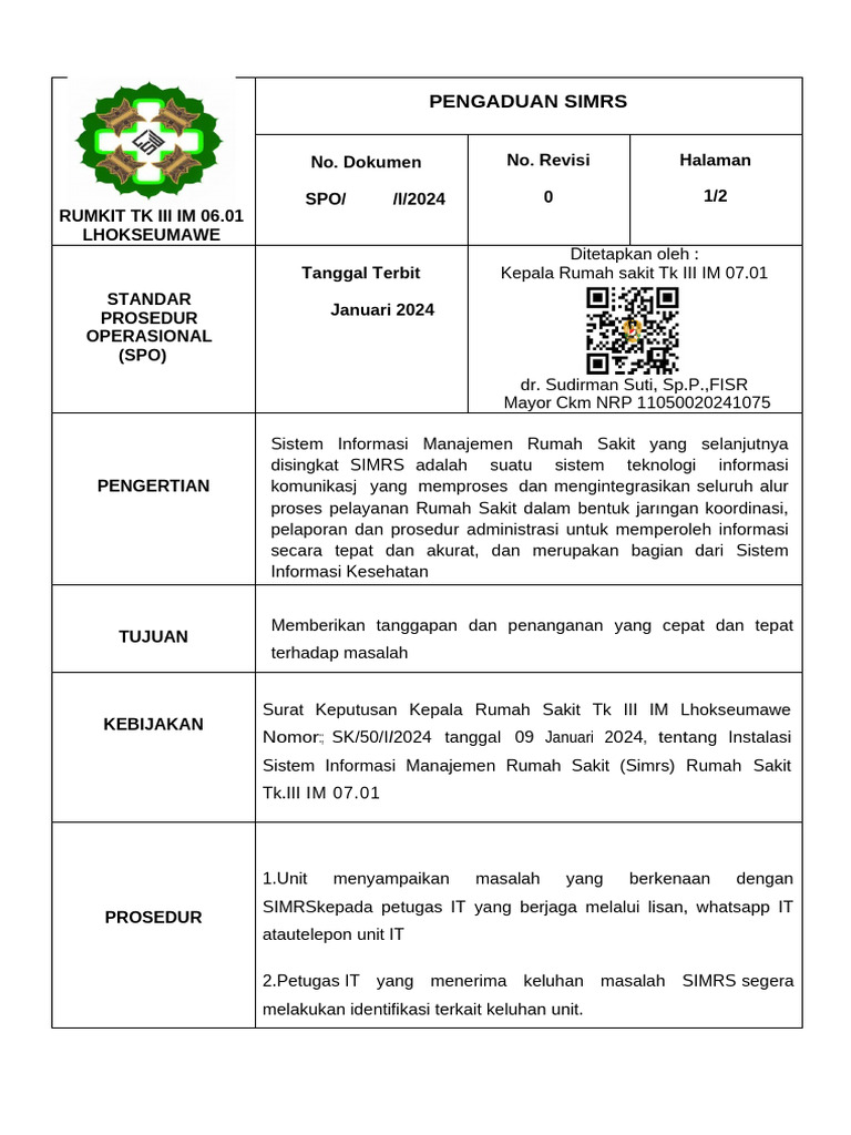 Spo Pengaduan Simrs | PDF