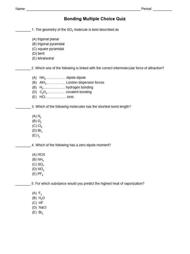Bonding Multiple Choice Quiz (1) | PDF | Chemical Bond | Intermolecular ...
