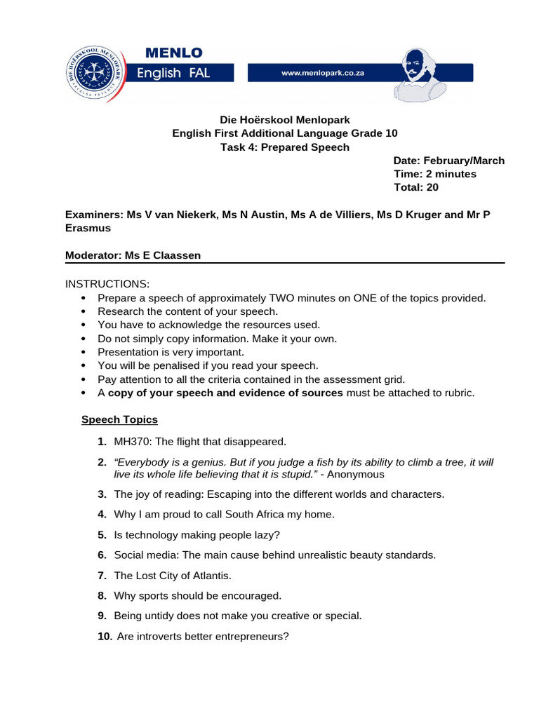 Grade 10 Speech Topics and Guidelines | PDF