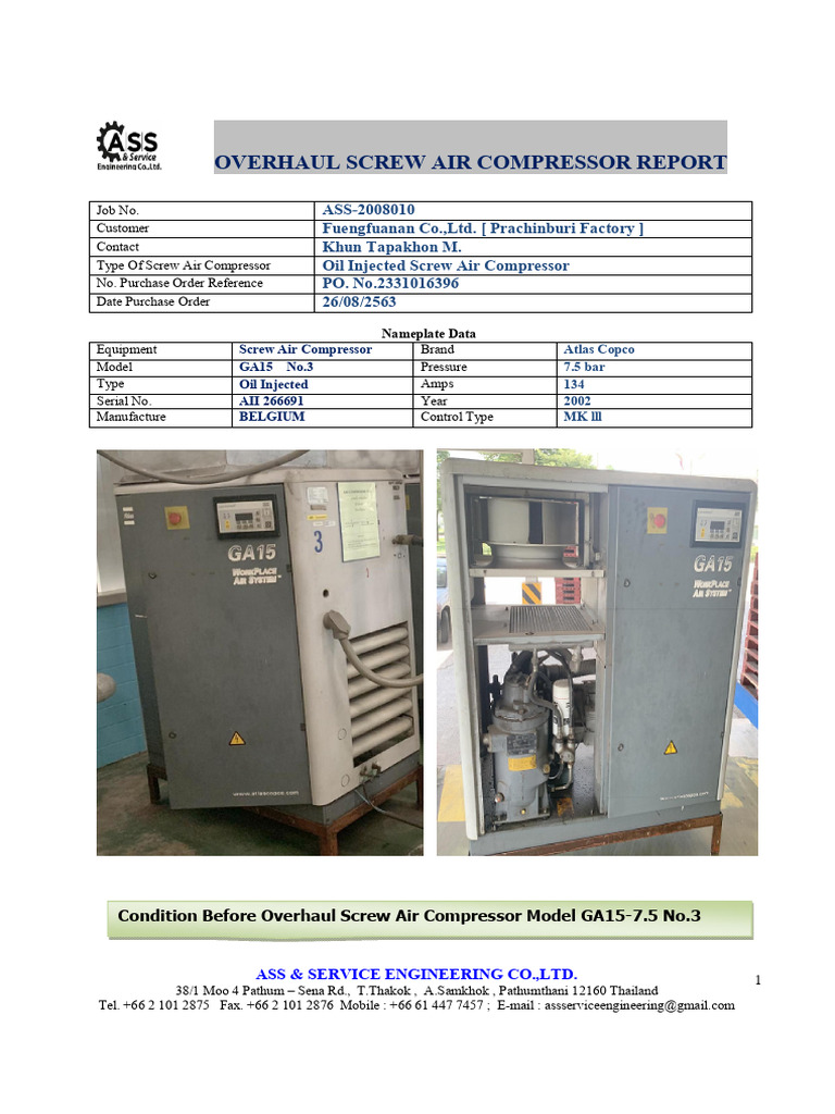 ASS-2008010 Report Overhaul Screw Air Compressor GA15-7.5 No.3 Job ...