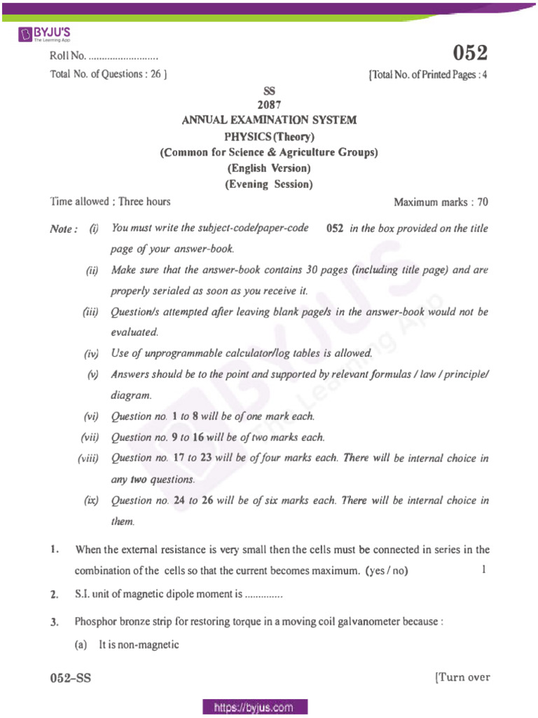 PSEB Class 12 Physics Sample Paper Set 1 | PDF | Refractive Index ...