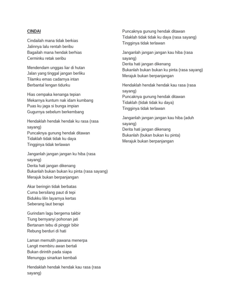 Lirik Lagu Cindai Dan Anta Permana | PDF