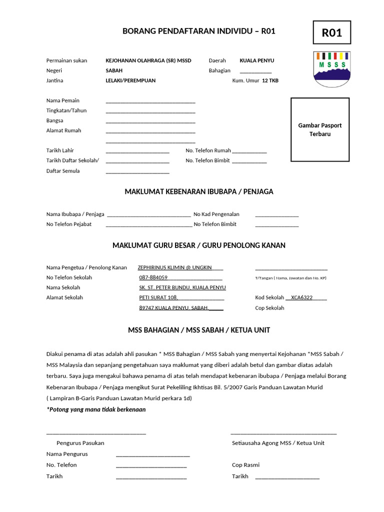 Borang Pendaftaran Olahraga | PDF