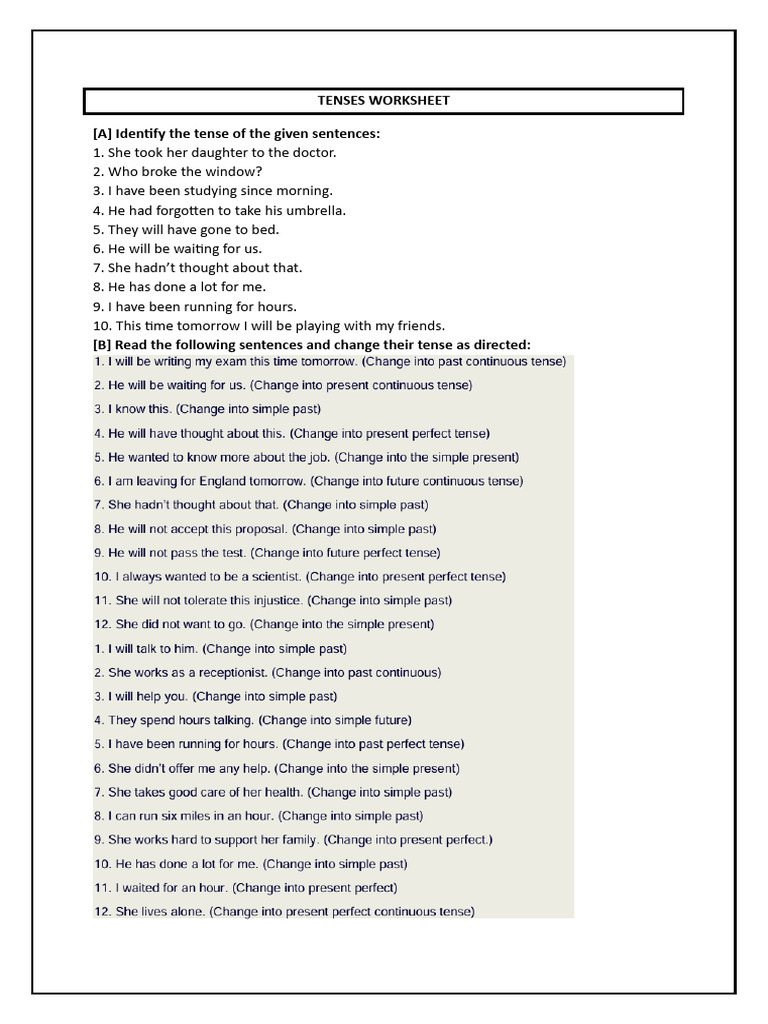 Tenses Worksheet | PDF