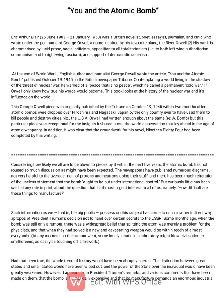 Orwell's Insights on the Atomic Bomb | PDF | George Orwell | Nuclear ...